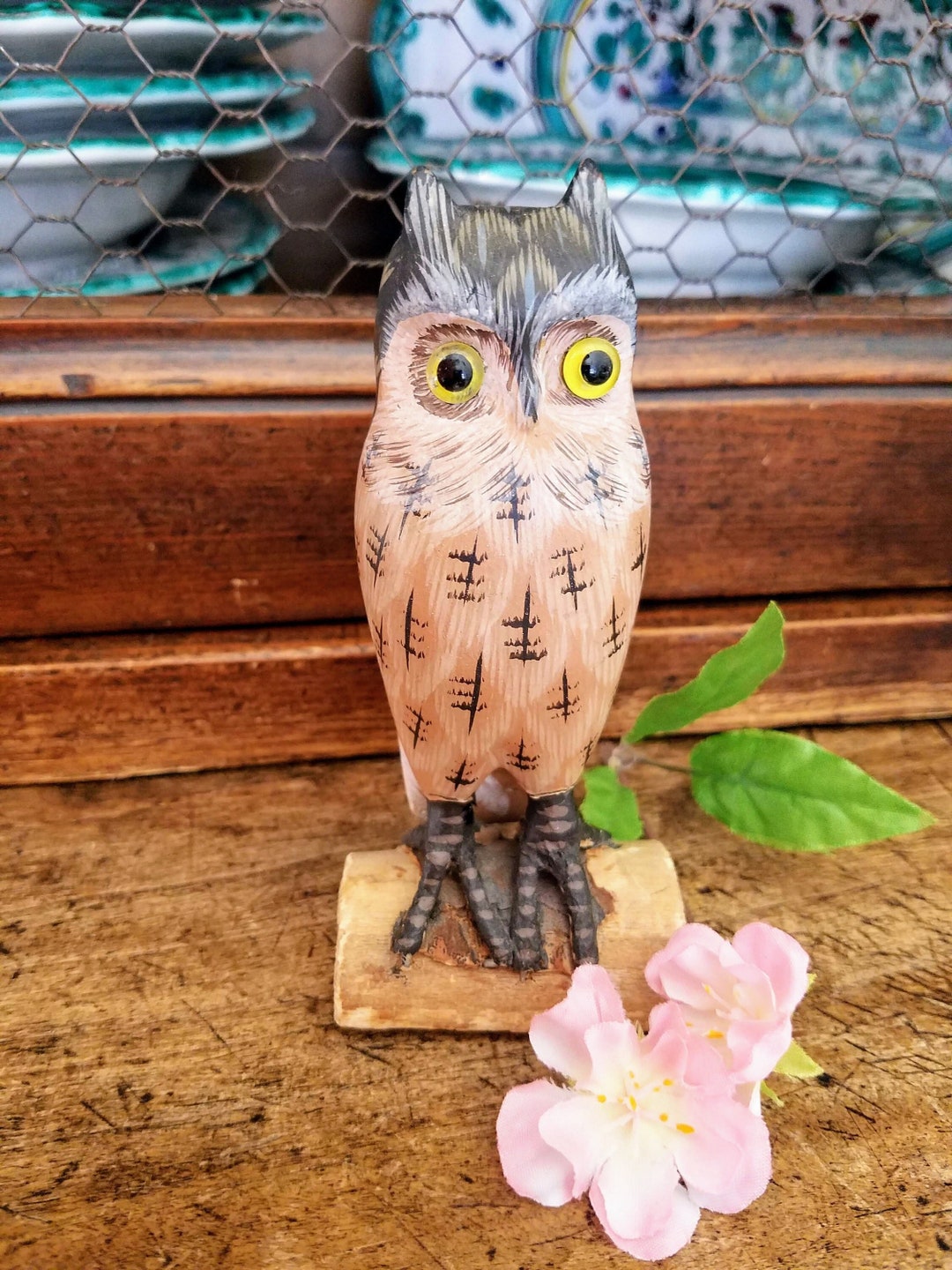 Hand Painted Owl Figurinevintage Wood Carving Painted Owlbird ...