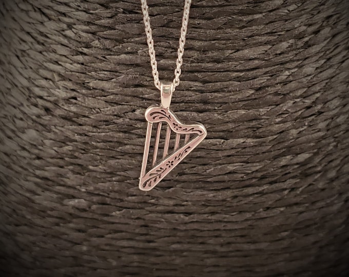 Sterling Silver Irish Harp Pendant and Necklace, Hand Cut Irish Harp ...
