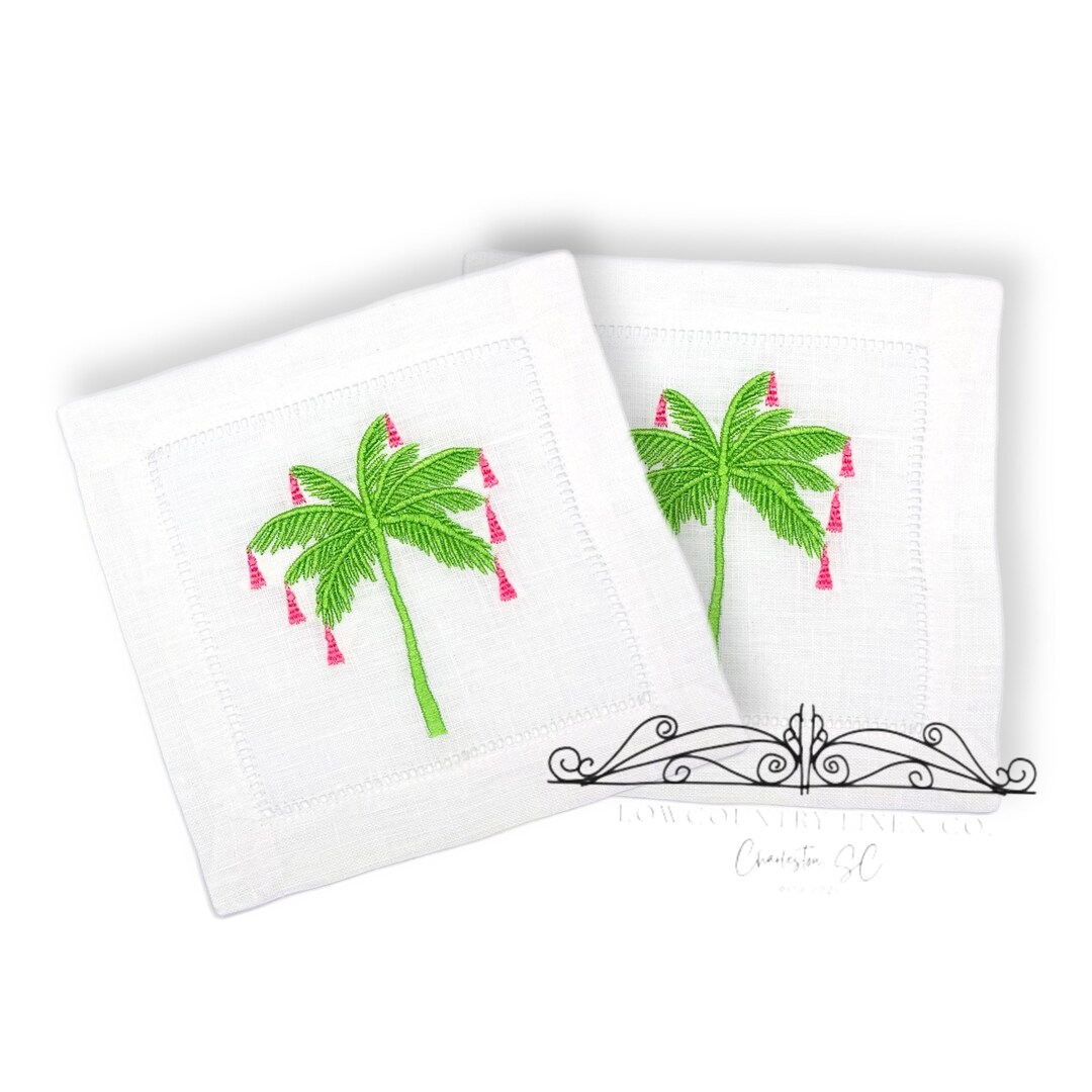 Palm Tree Cocktail Napkins, Palm Tassel Embroidered Napkins, Preppy ...