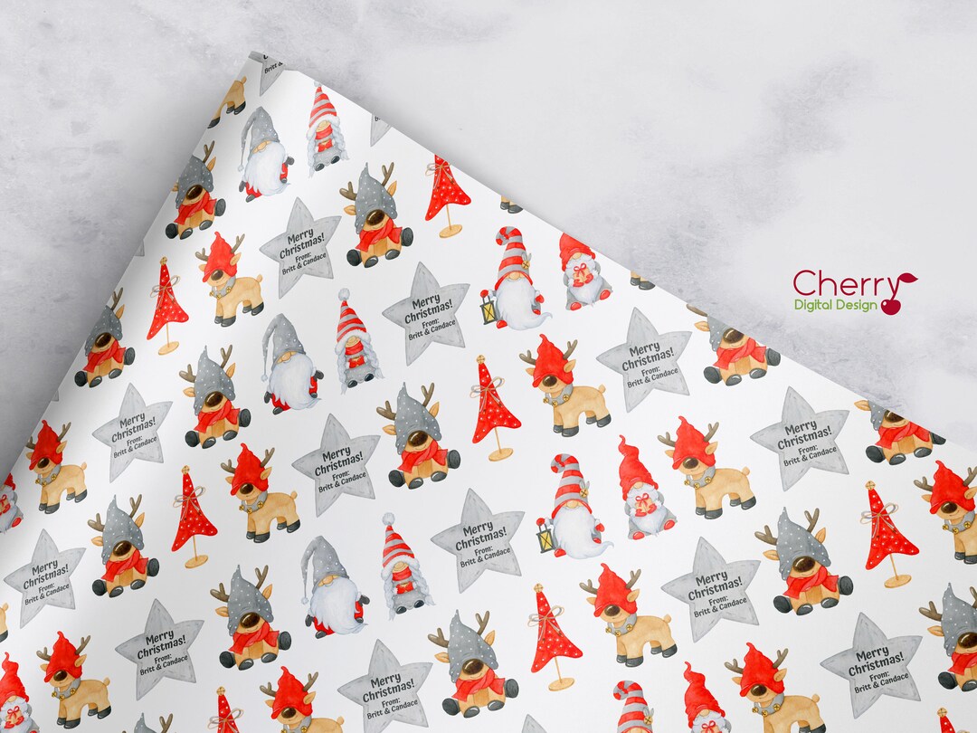 Personalized Cute Christmas Gnome & Reindeer Wrapping Paper Custom Gift ...