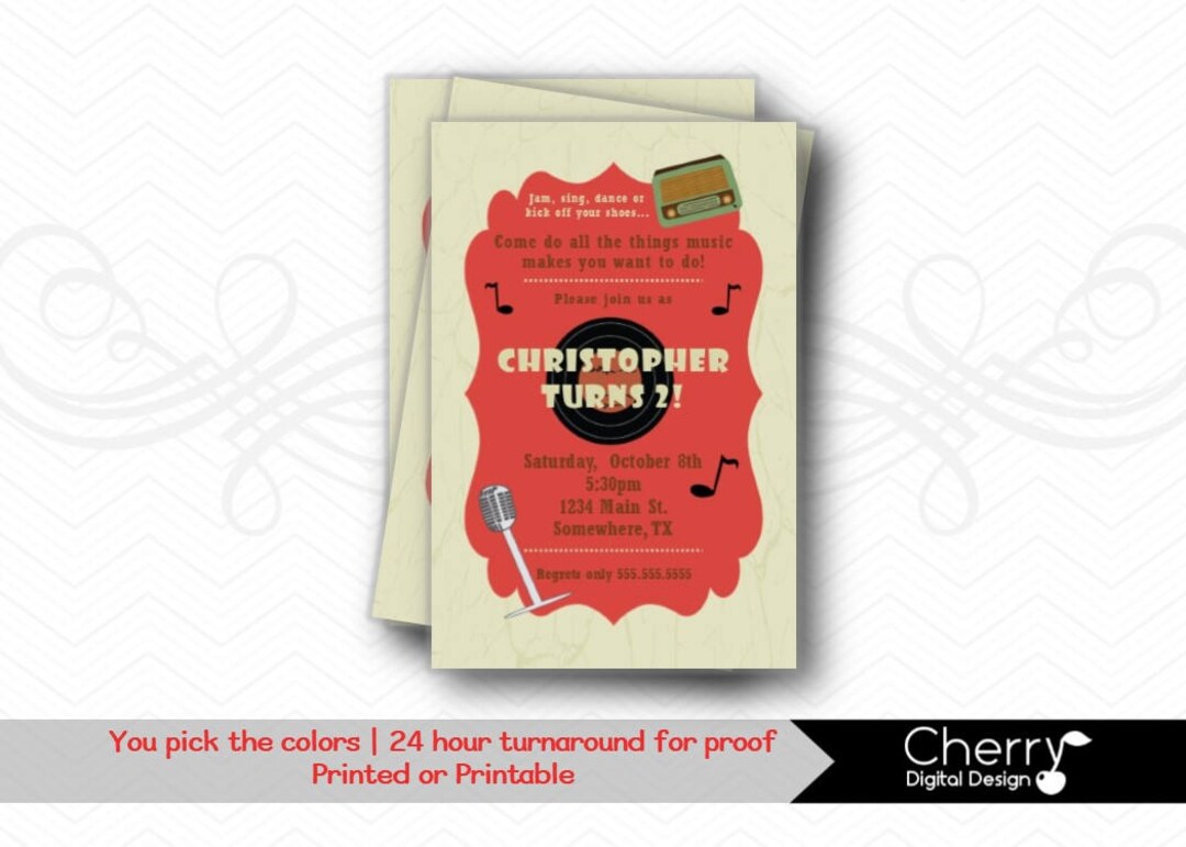Retro Vintage Music Printable or Printed Custom Birthday Invitation. I ...