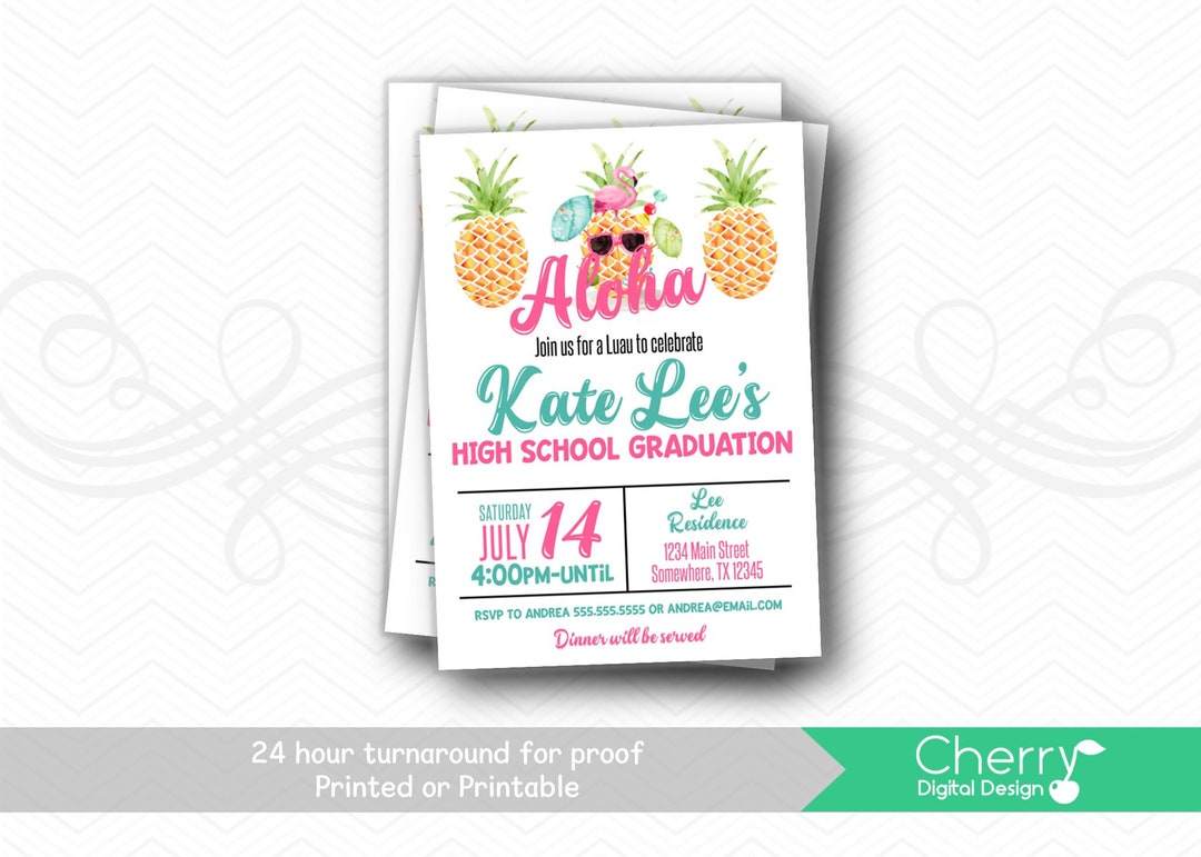 Fun Aloha Pineapple Tropical Hawaiian Luau Graduation Party Invitation ...