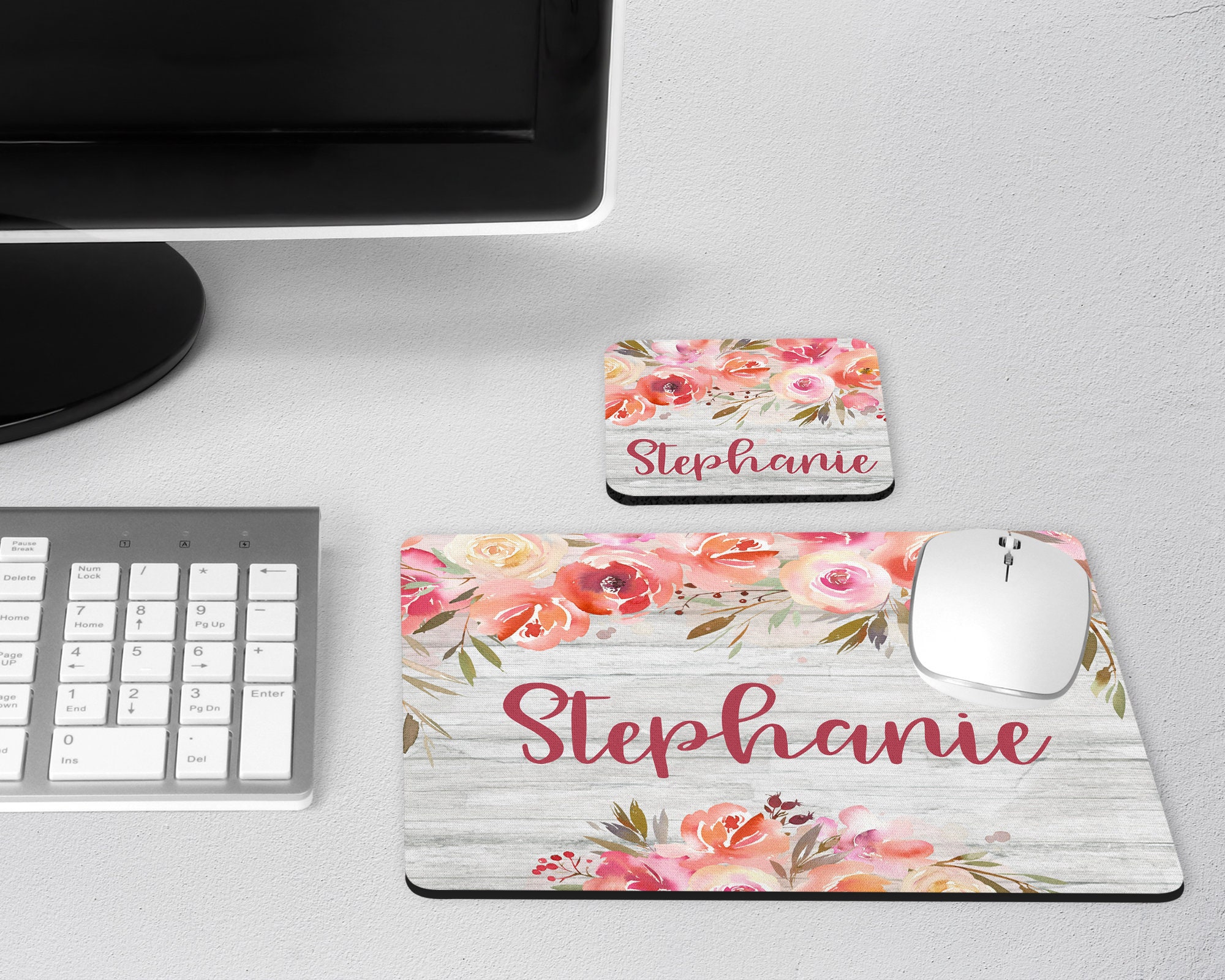 Pink Watercolor Floral 2 Piece Desk Set With Coaster & Mouse - Etsy