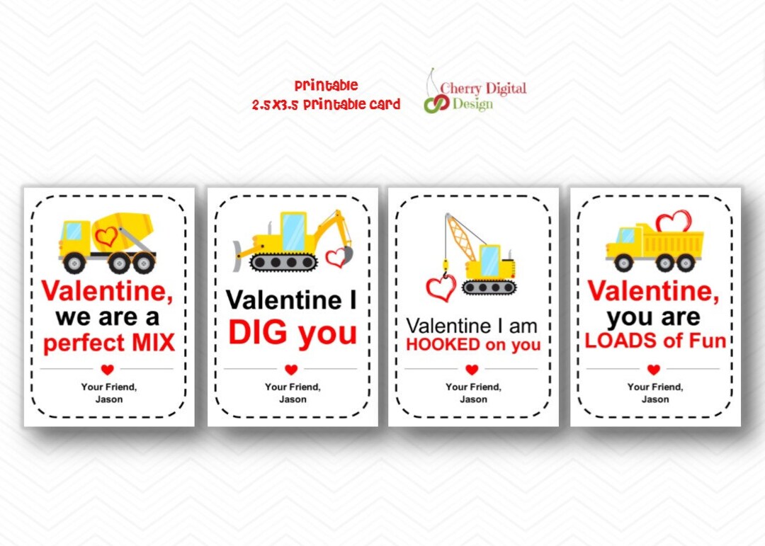 PRINTABLE Construction Truck Valentines Day Cards Classroom Valentine ...
