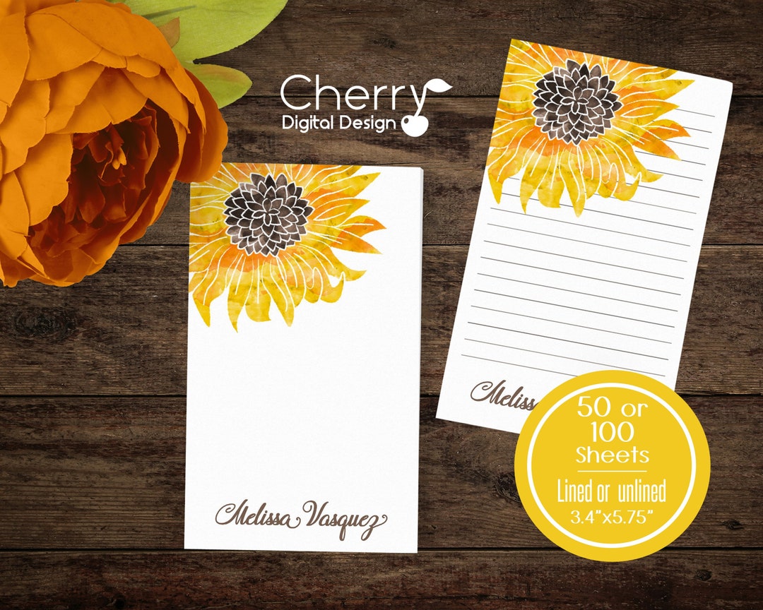 Sunflower Personalized Notepad Small 3.4 X 5.75 Office or Bridesmaid ...