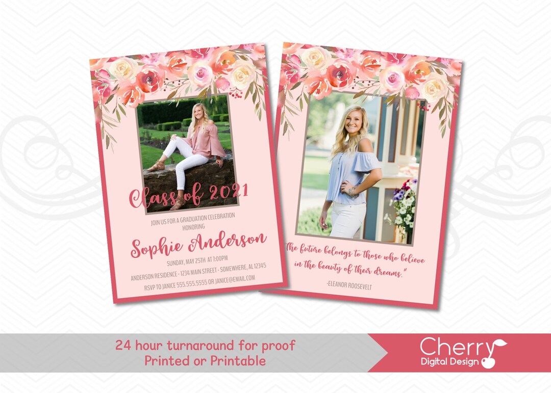 Floral Graduation Invitation Announcement With Photo Printed or ...