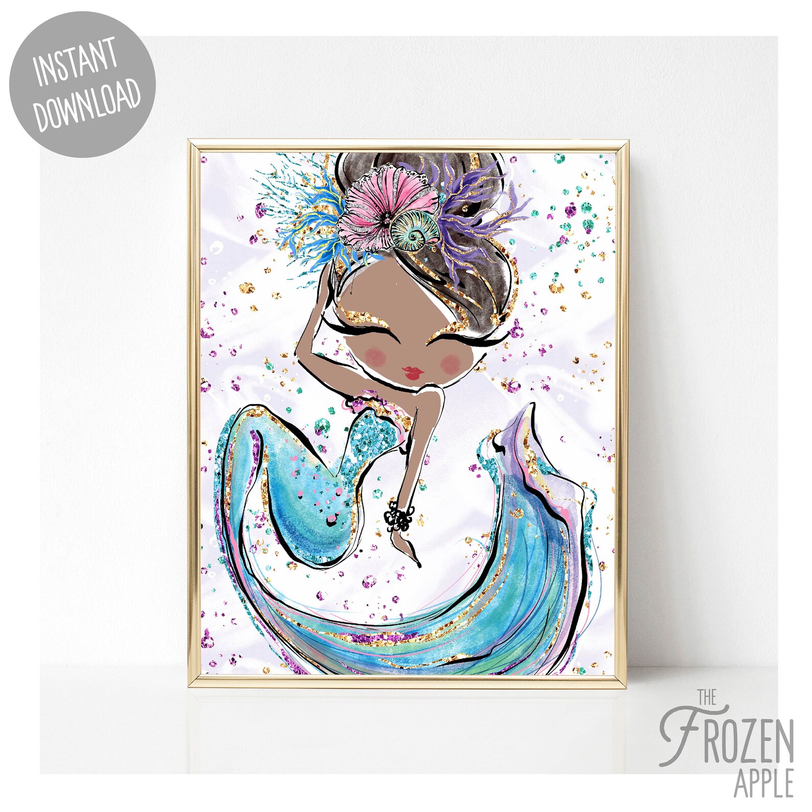 Set of 4 Black Mermaid Wall Art Printable Brown Skin Mermaids | Etsy