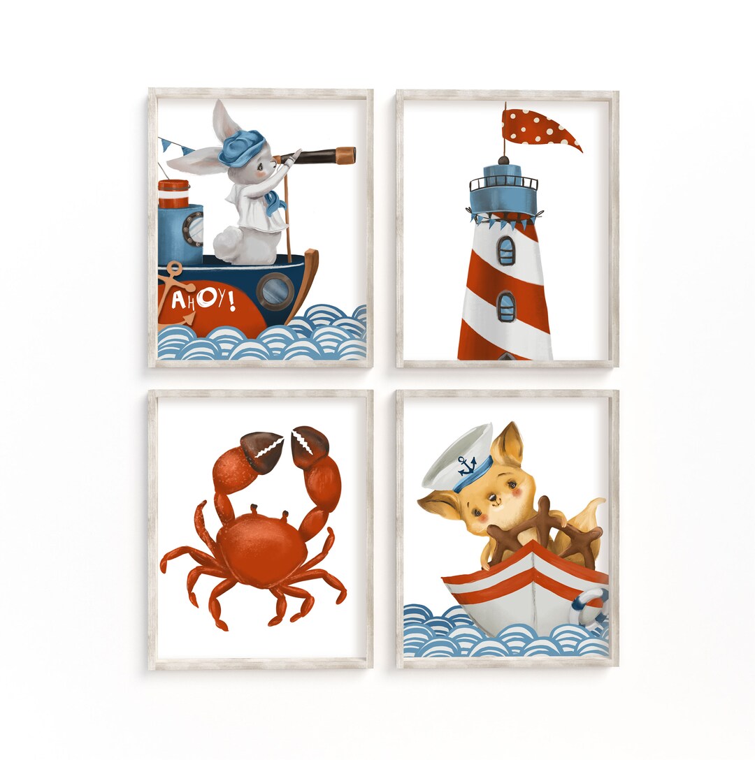 Set of 4 Printable Animal Sailors Wall Art, Nautical Animals Nursery ...