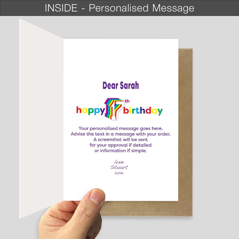 Custom Rainbow 17th Birthday Card for Teen, Personalised Message ...