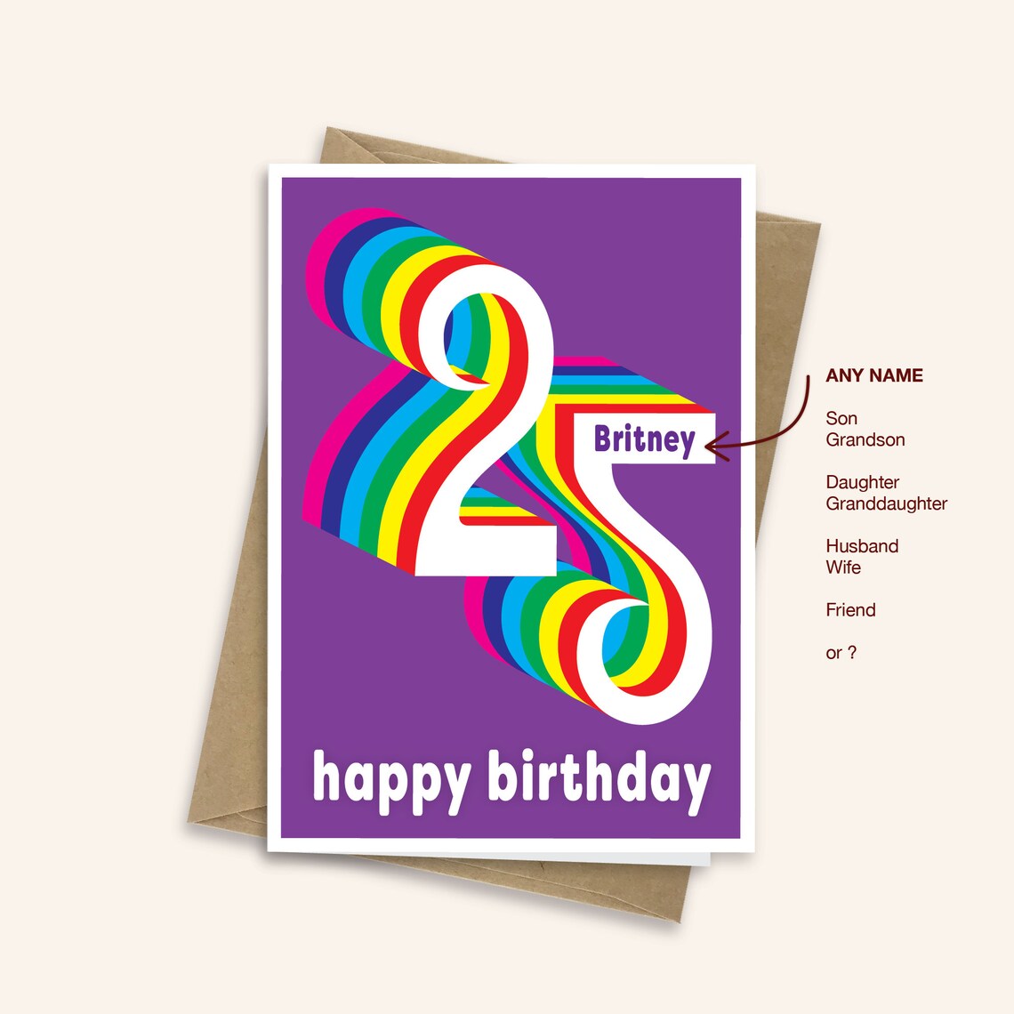 Personalised 25th Birthday Card for Him for Her Rainbow 25 Birthday ...