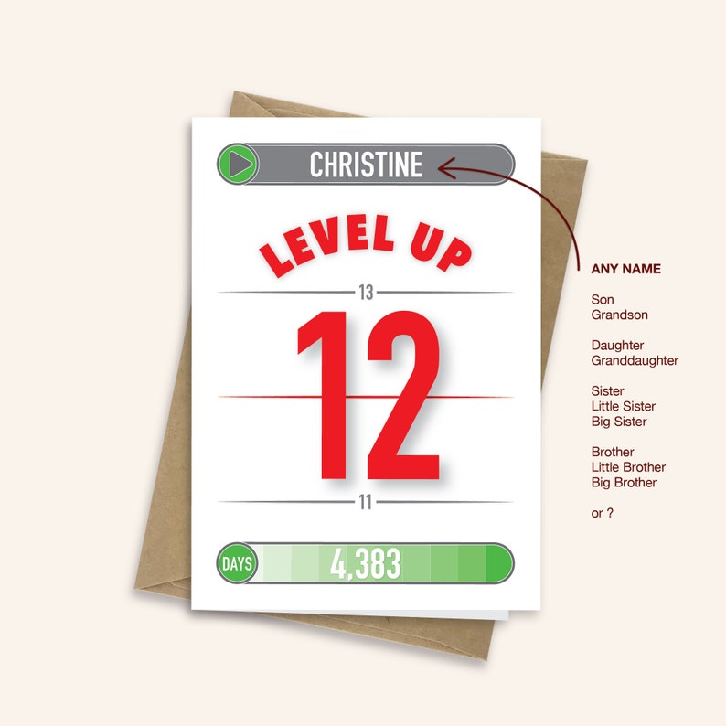 LEVEL UP Funny 12th Birthday Card for Boy or Girl With Name - Etsy