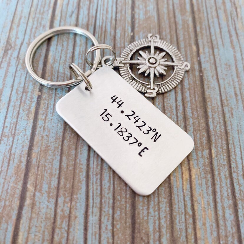 Coordinates Keychain With Compass Long Distance Relationship - Etsy