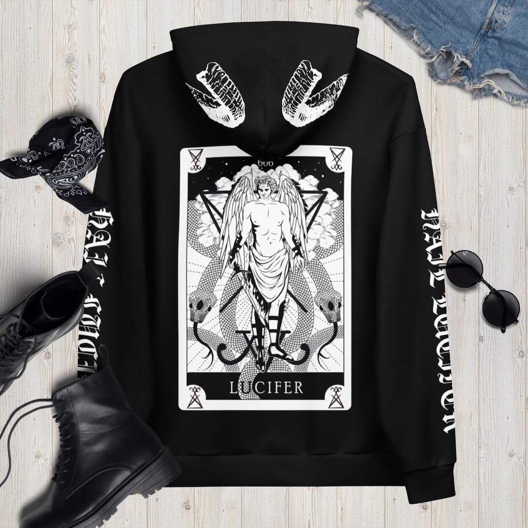 Lucifer Tarot Hoodie Satanic Sigil Black Sweater Custom Gothic Devil ...