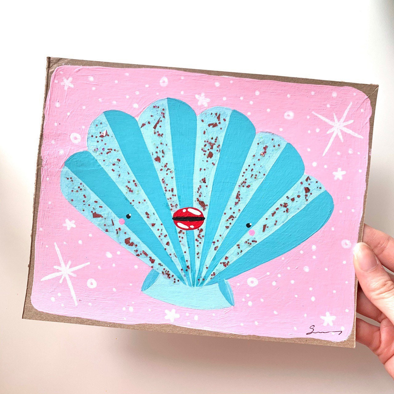 Kawaii Clam Shell Original Acrylic Painting / Ocean Nautical Beach ...