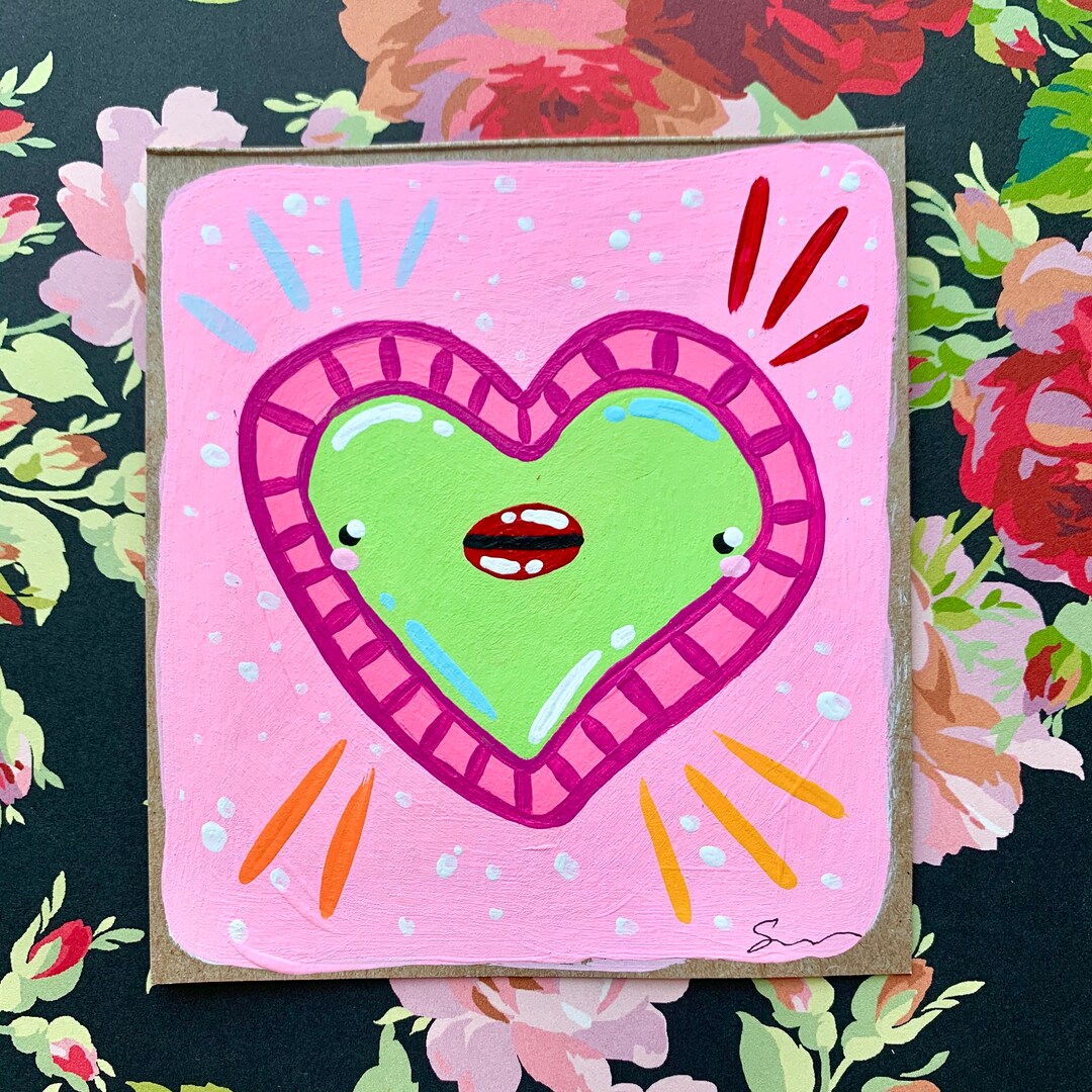 Cute Heart Shaped Love Bug Original Acrylic Painting / Kitsch Wall Art ...
