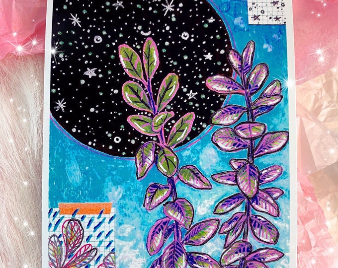 Kawaii Moon Dust Botanical Art Print / Hand Embellished Wall Art ...