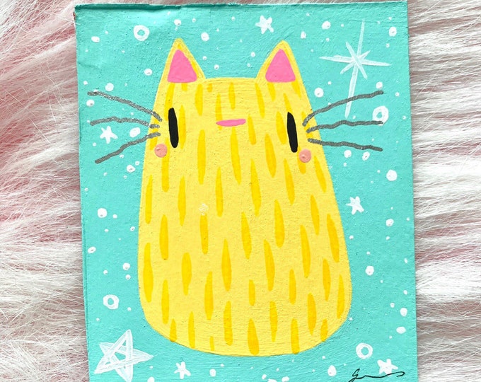 Cute Yellow Kitty Cat Original Miniature Acrylic Painting / Kawaii ...