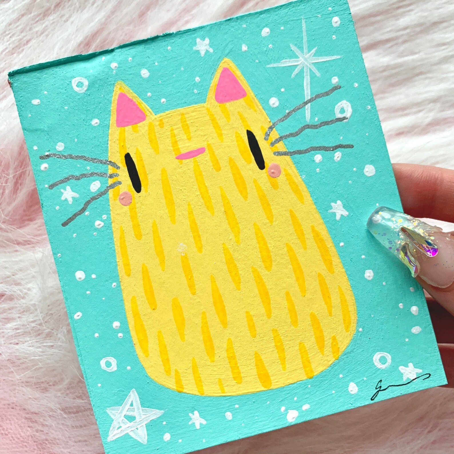 Cute Yellow Kitty Cat Original Miniature Acrylic Painting / - Etsy