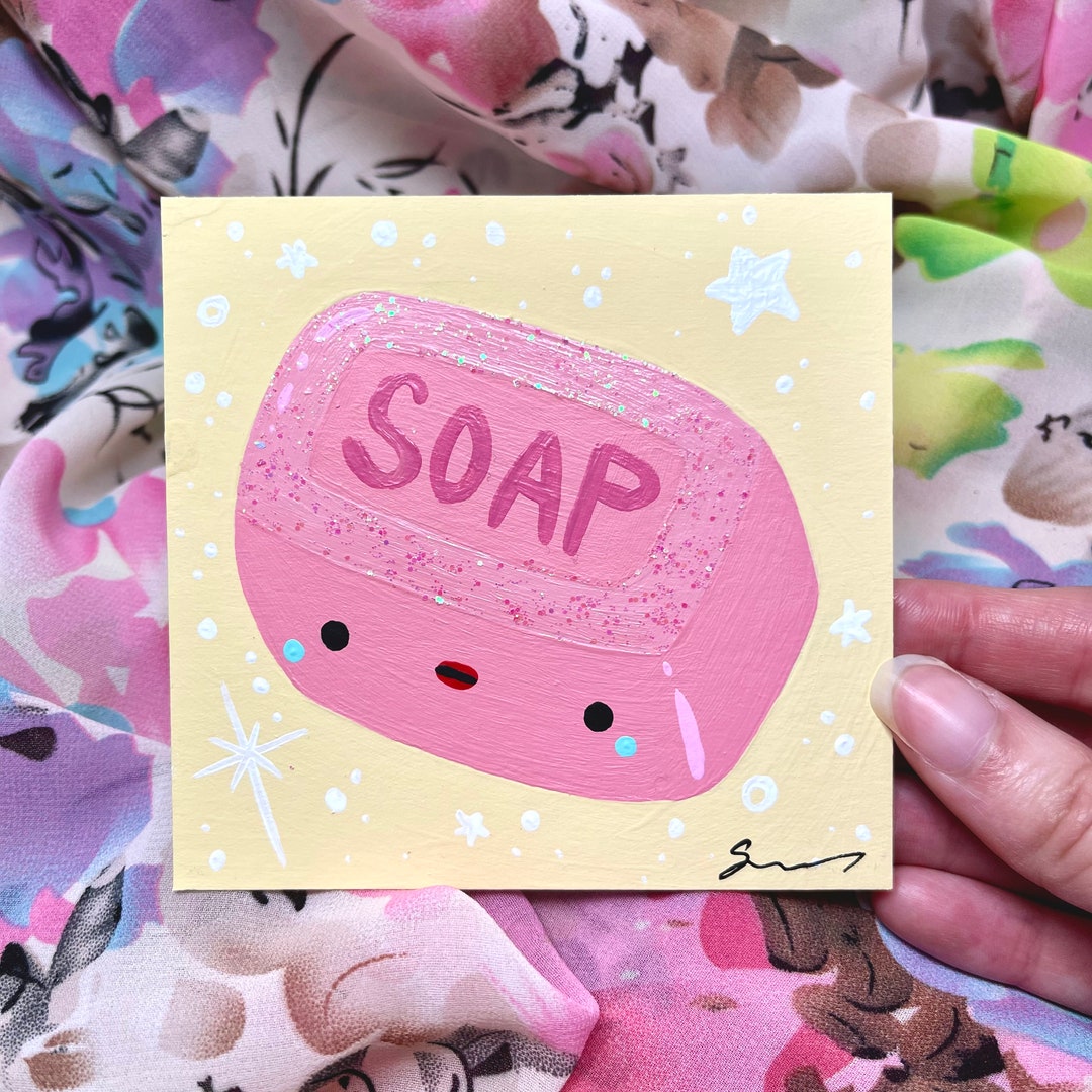 Kawaii Soap Bar Painting: Miniature Acrylic Art on Cardboard - Etsy