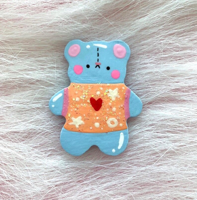 Kawaii Teddy Bear Polymer Clay Brooch / Handmade Clay Pin / Kidcore ...