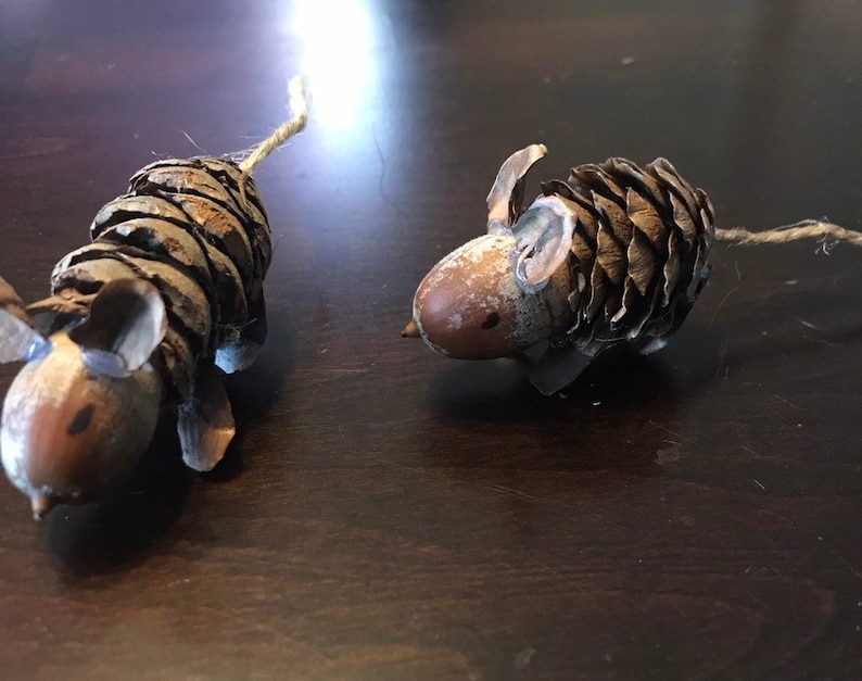 Set of Three Small Pine Cone and Acorn Mice. Ornaments or Table ...