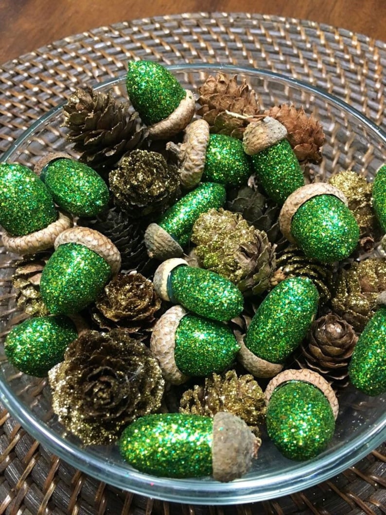 Set of Red Green and Gold Glittered Acorns With Gold | Etsy