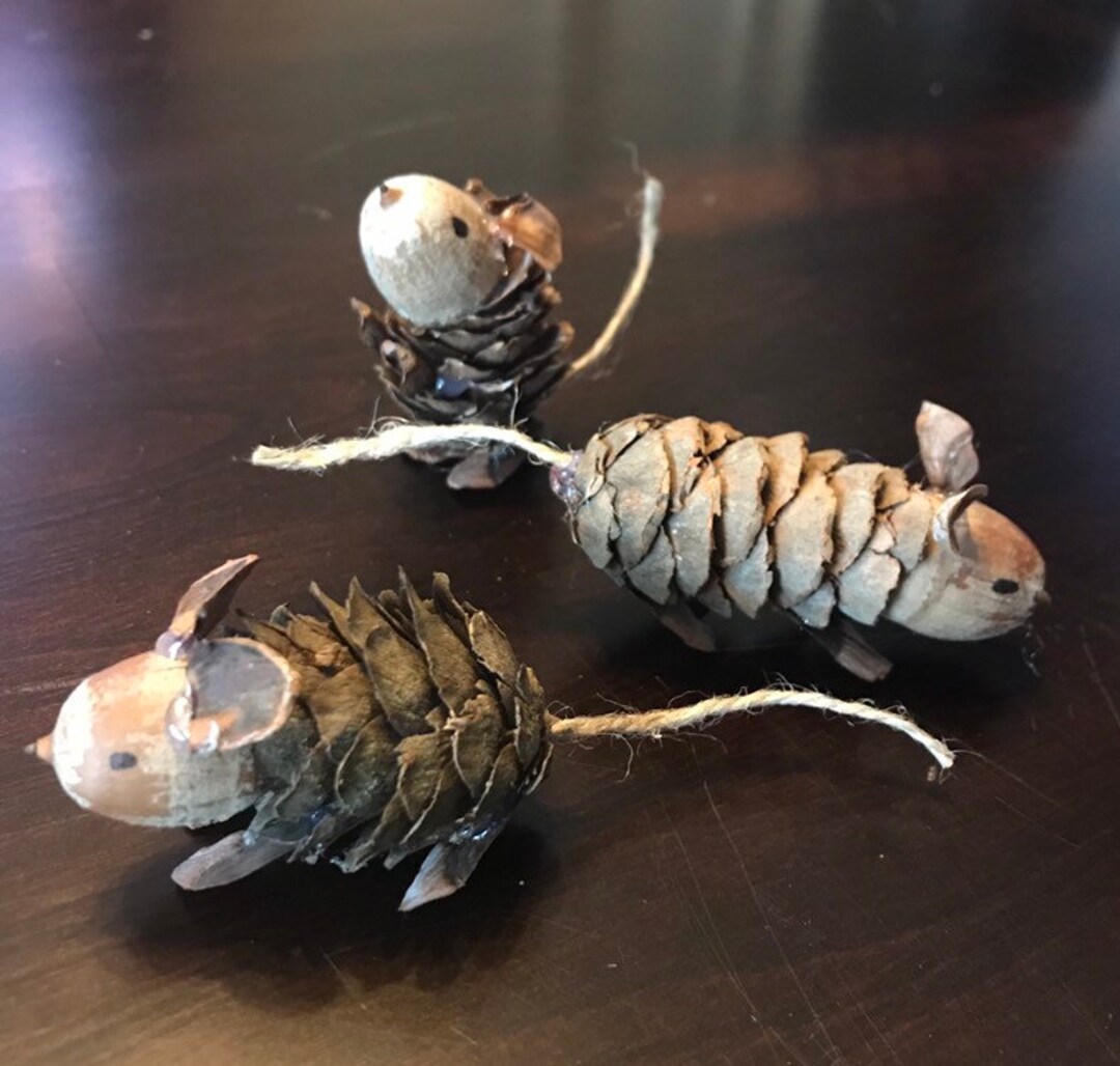 Set of Three Small Pine Cone and Acorn Mice. Ornaments or Table ...