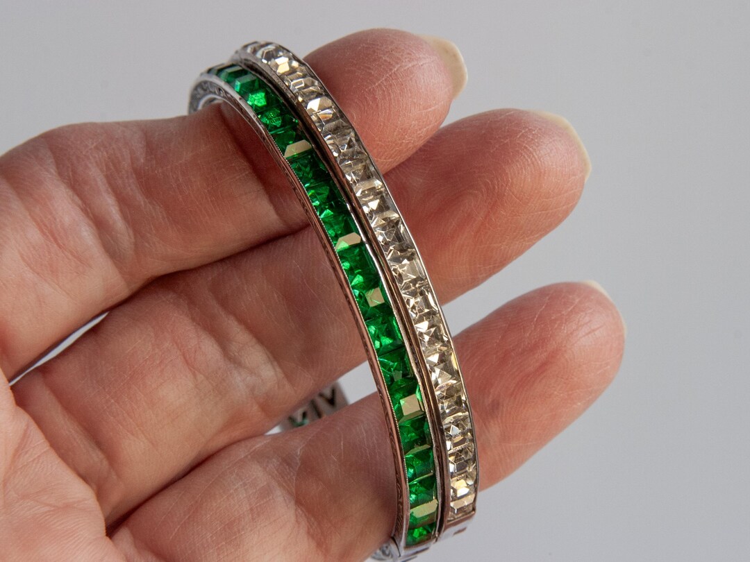 2 ANTIQUE Channel-set DECO Sterling Crystal BRACELETS - Green & Clear ...