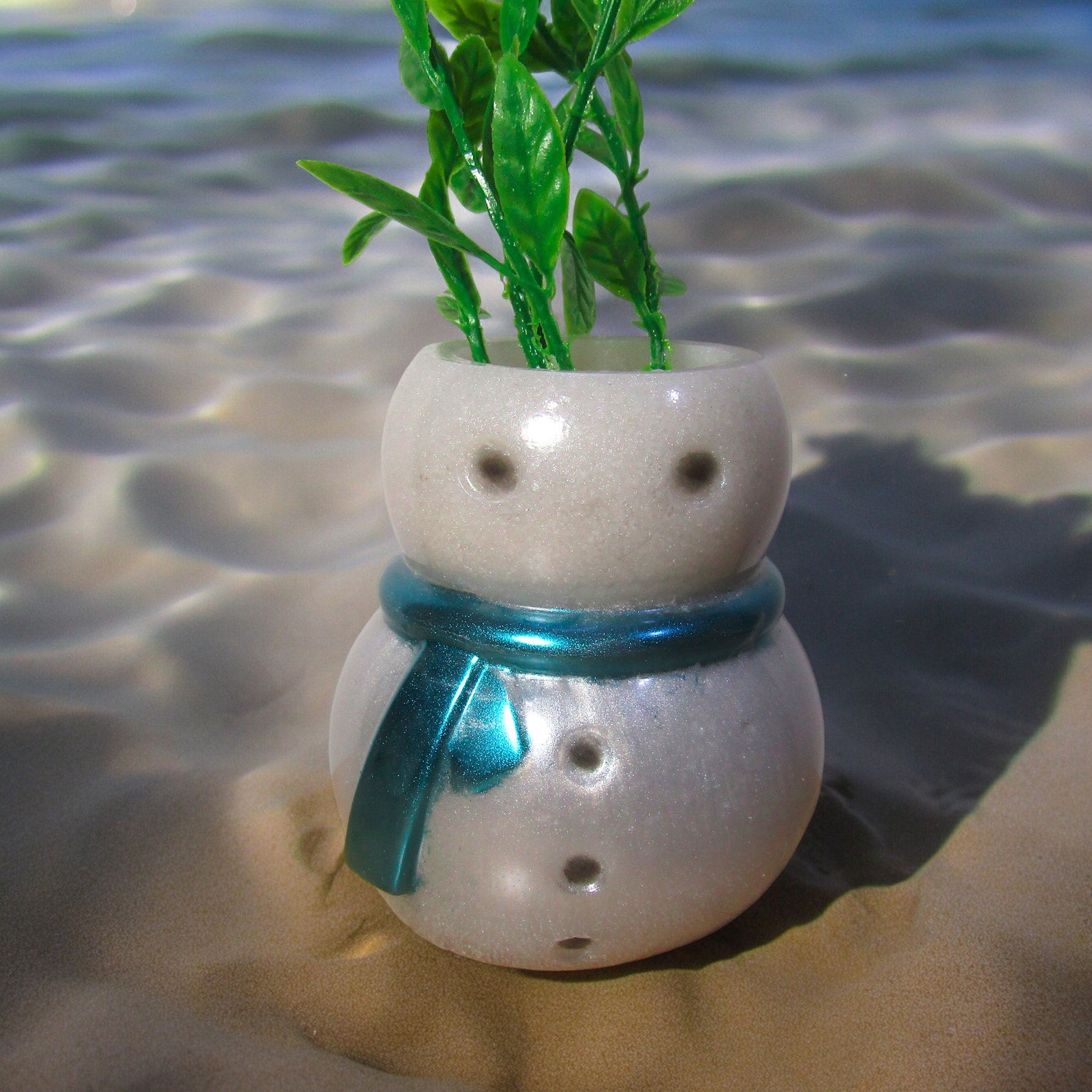 Snowman Aquarium Decoration With Tall Green Artificial Plant. Christmas ...