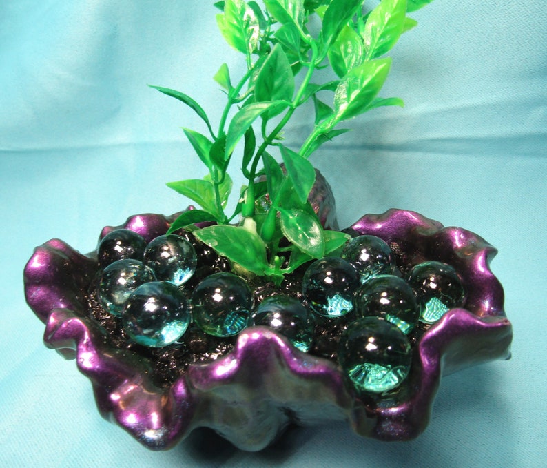 Jumbo Scalloped Shell Aquarium Decoration. Purple With Blue Glass ...