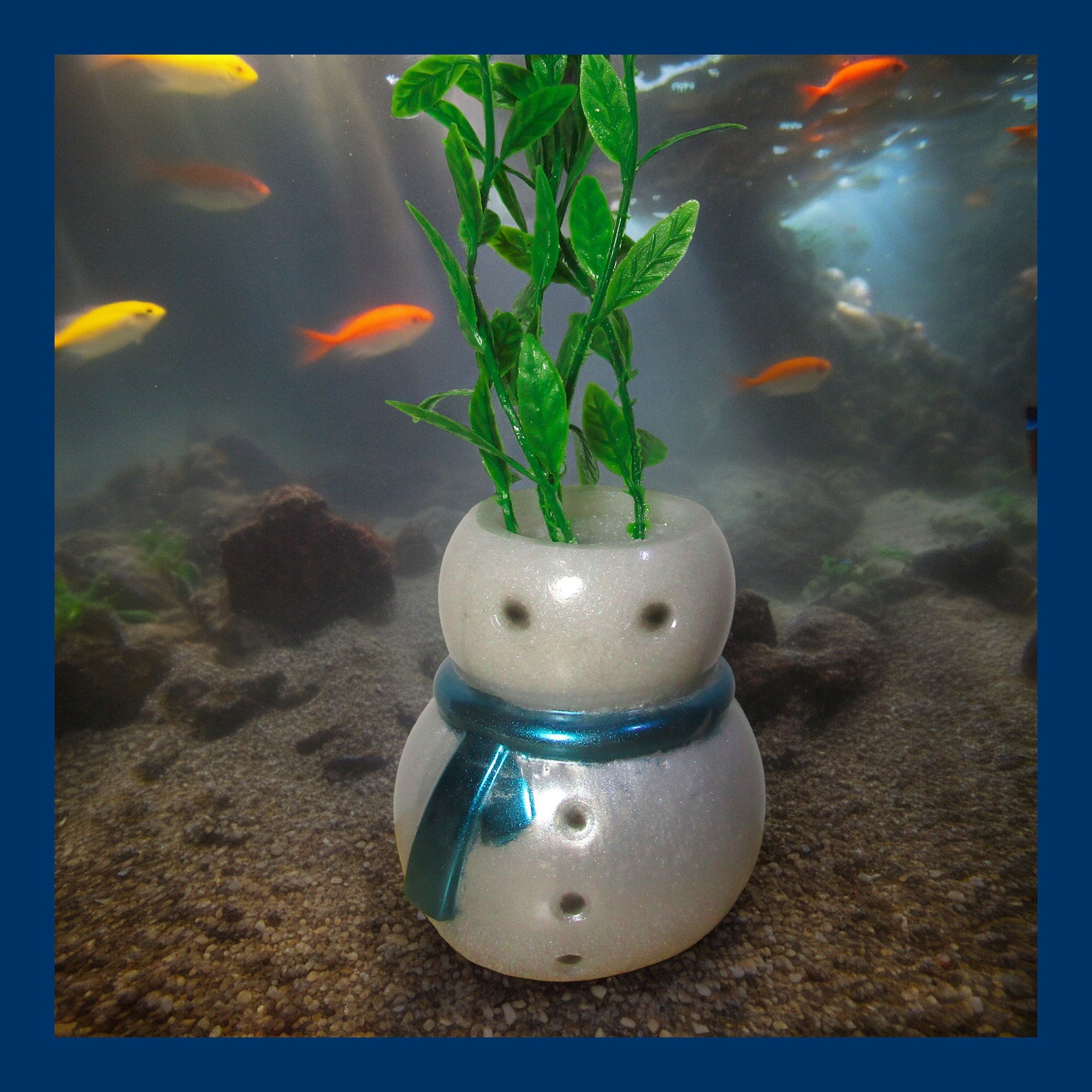 Snowman Aquarium Decoration With Tall Green Artificial Plant. Christmas ...