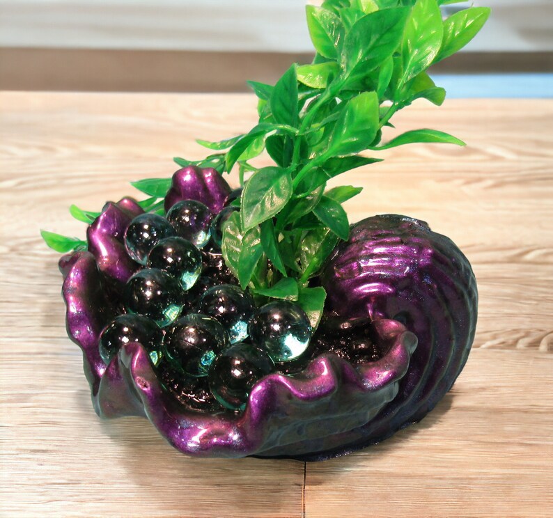 Jumbo Scalloped Shell Aquarium Decoration. Purple With Blue Glass ...