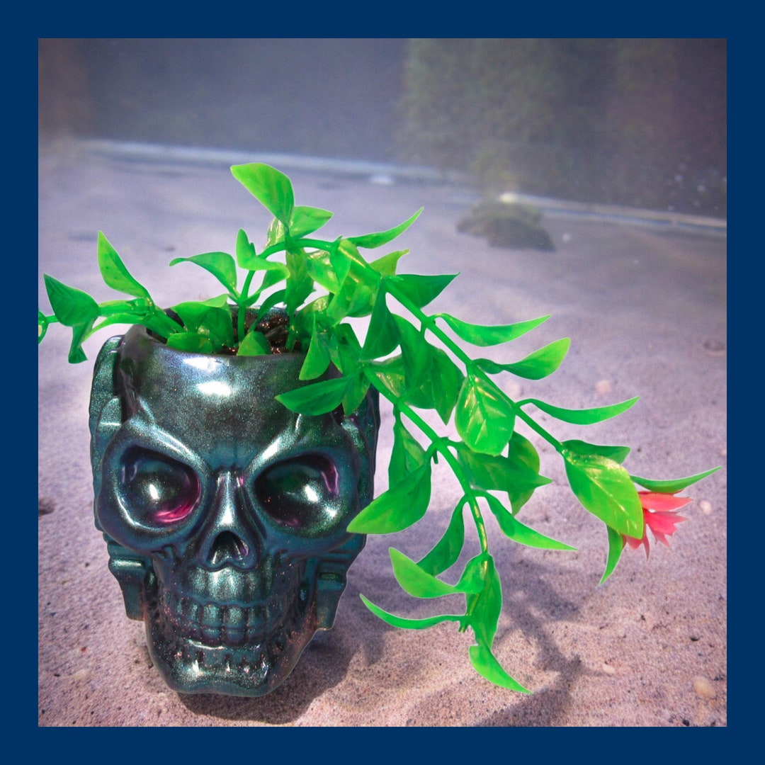 Skull Aquarium Decoration. Blue-purple With Green and Pink Flower ...