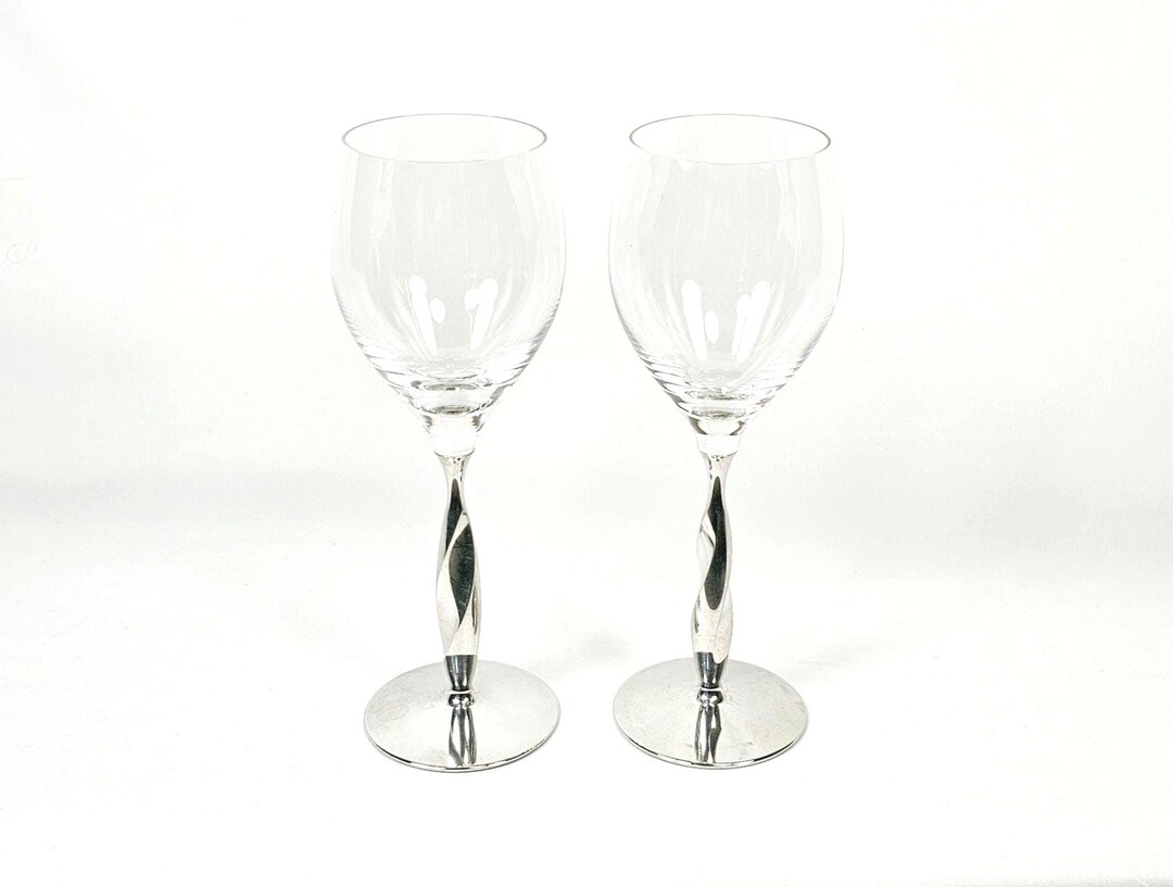 Pair of Nambe Twist Aluminum and Crystal Wine Glasses by Fred Bould - Etsy