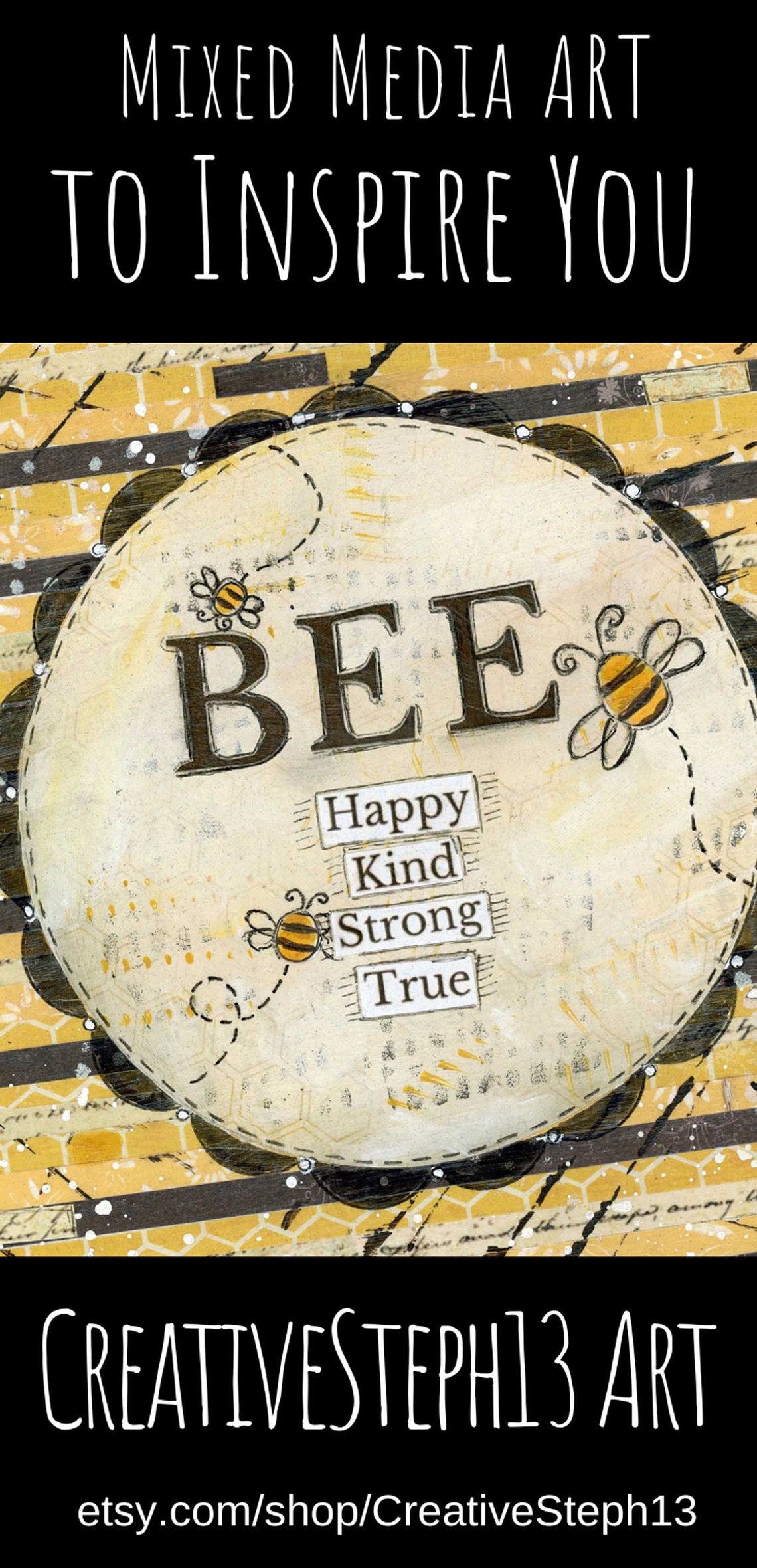 Bee Happy Mixed Media Art Print Gift for Bee Lover Bee Kind - Etsy