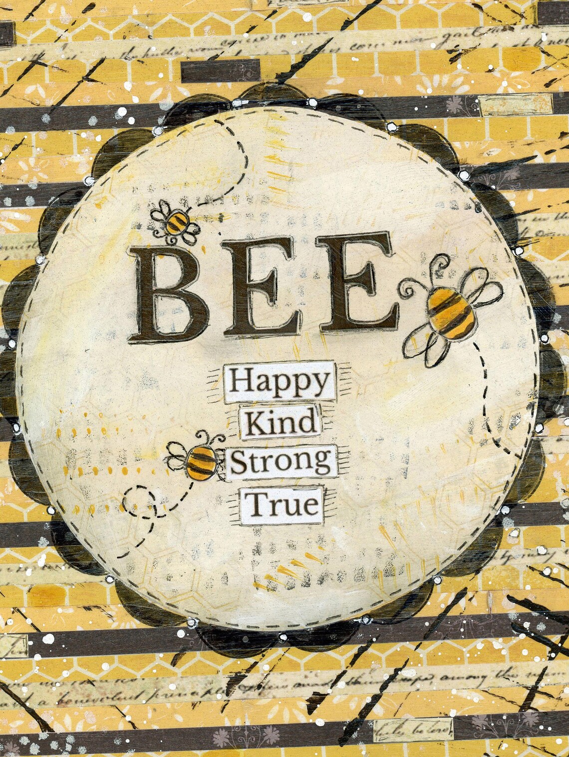 Bee Happy Mixed Media Art Print Gift for Bee Lover Bee Kind - Etsy