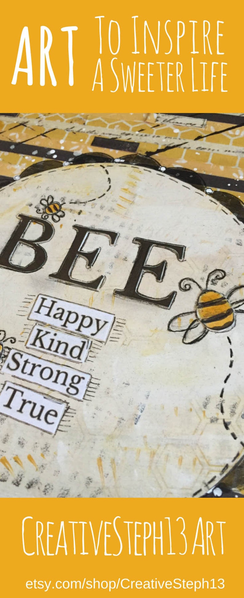 Bee Happy Mixed Media Art Print Gift for Bee Lover Bee Kind | Etsy