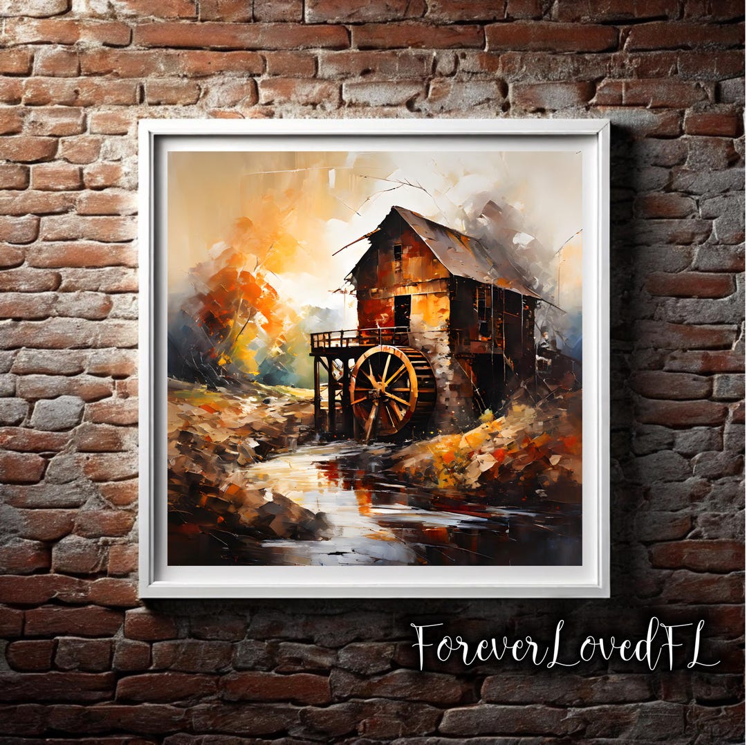 Rustic Watermill Landscape Digital Print: Countryside Wall Art Decor ...