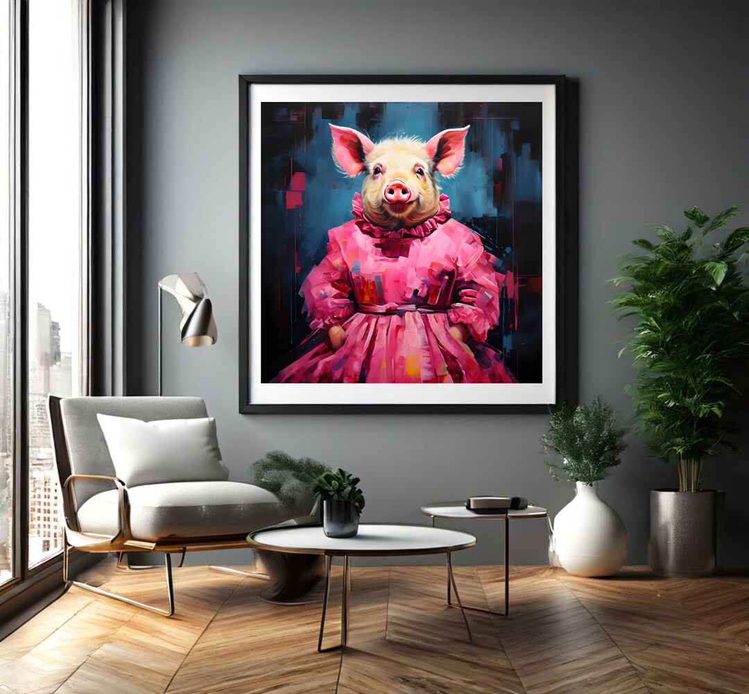 Whimsical Abstract Piglet Portrait: Pink-dressed Swine Digital Wall Art ...