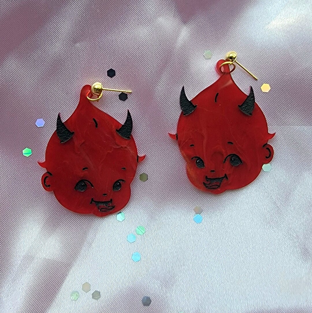 Kewpie Inspired Baby Devil Earrings, Acrylic Earrings, Halloween ...