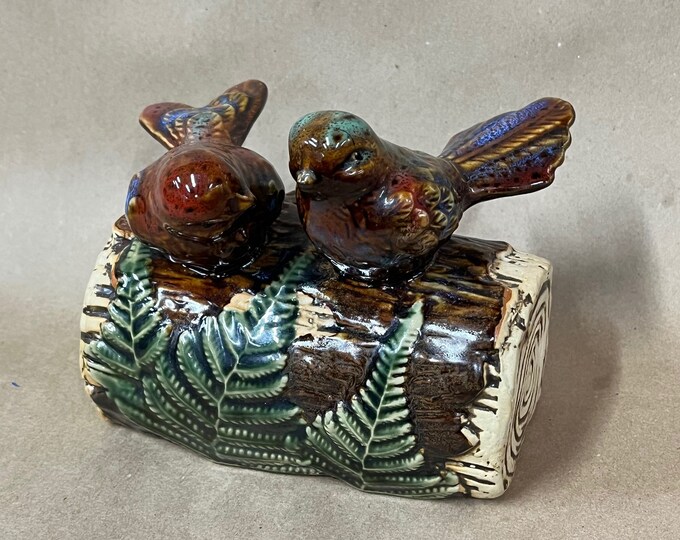 Vintage Ceramic Birds on a Log Candle Holder/brown Glaze/woodland Decor ...
