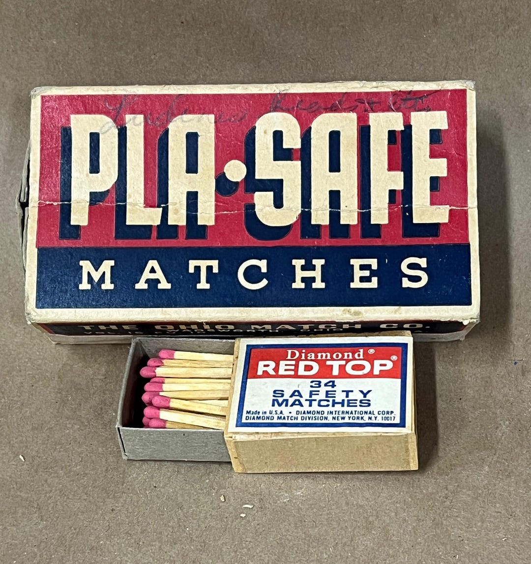 Two Vintage Match Boxes/pla.safe Matches/diamond Red Top Match Box With ...