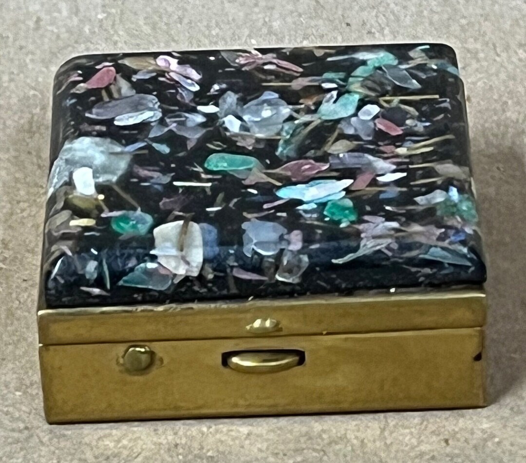 Vintage Pill Box With Lucite and Foil/confetti Brass Pill Box/mid ...