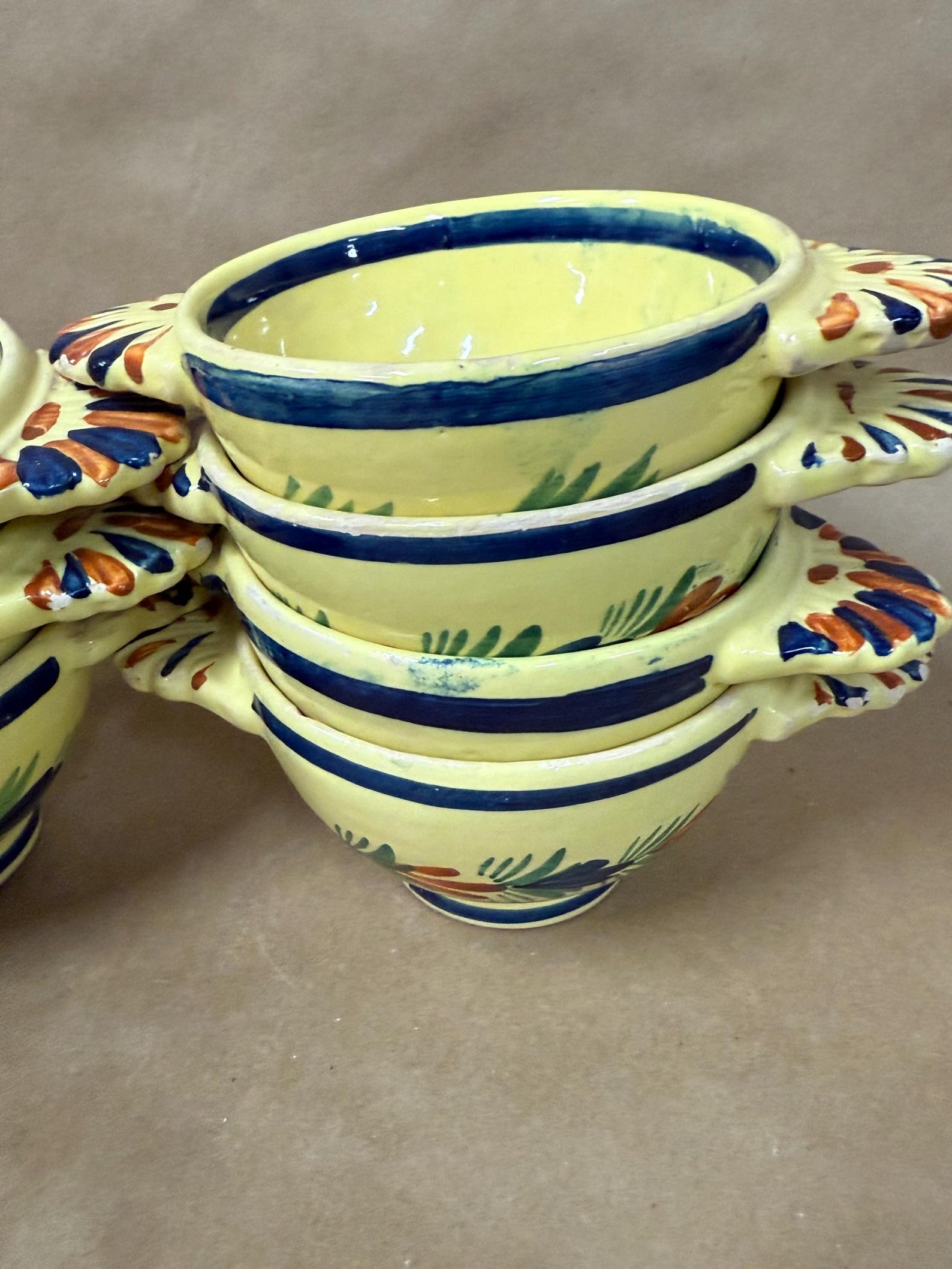 Antique Yellow Quimper Soup Bowls With Lug Hangles/primitive Pottery ...