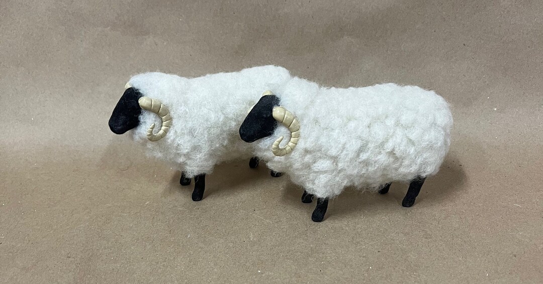 Set of 2 White Wool Rams With Black Felt Faces/sheep With Horns ...