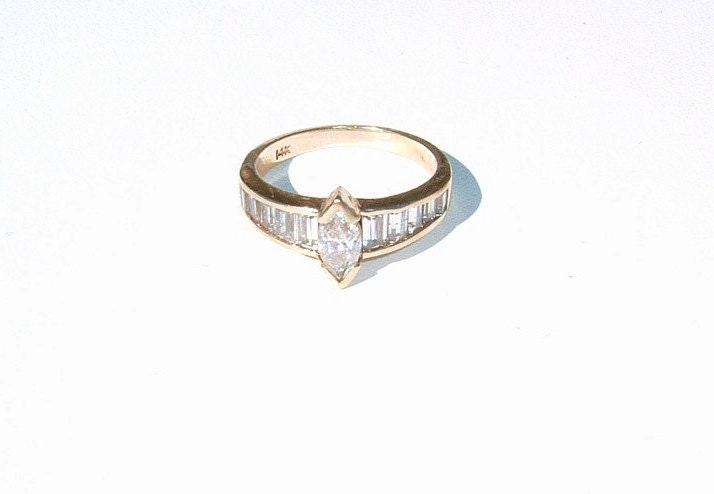 80's Marquise Zirconia Diamond and 10 Baguette Channel-set 14k Gold ...