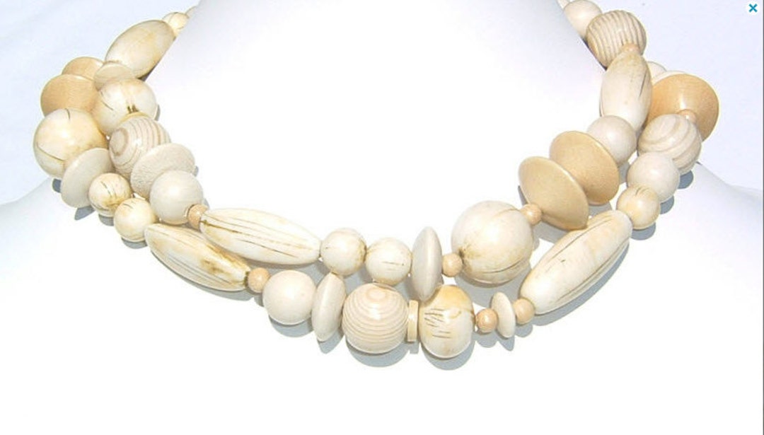 80s Polished Ivory Like Plastic and Wood Beads Opera Length Necklace - Etsy