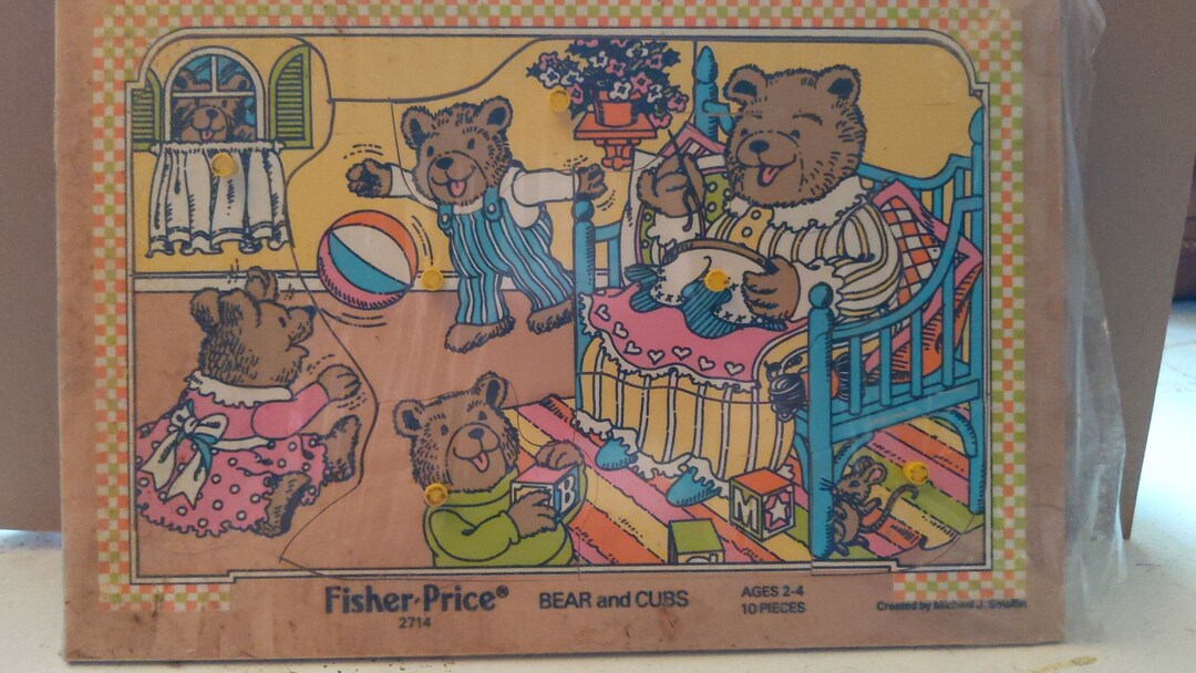Vintage 1984 Fisher Price Wooden Peg Puzzle Bear & Cubs Family Wood 10 ...