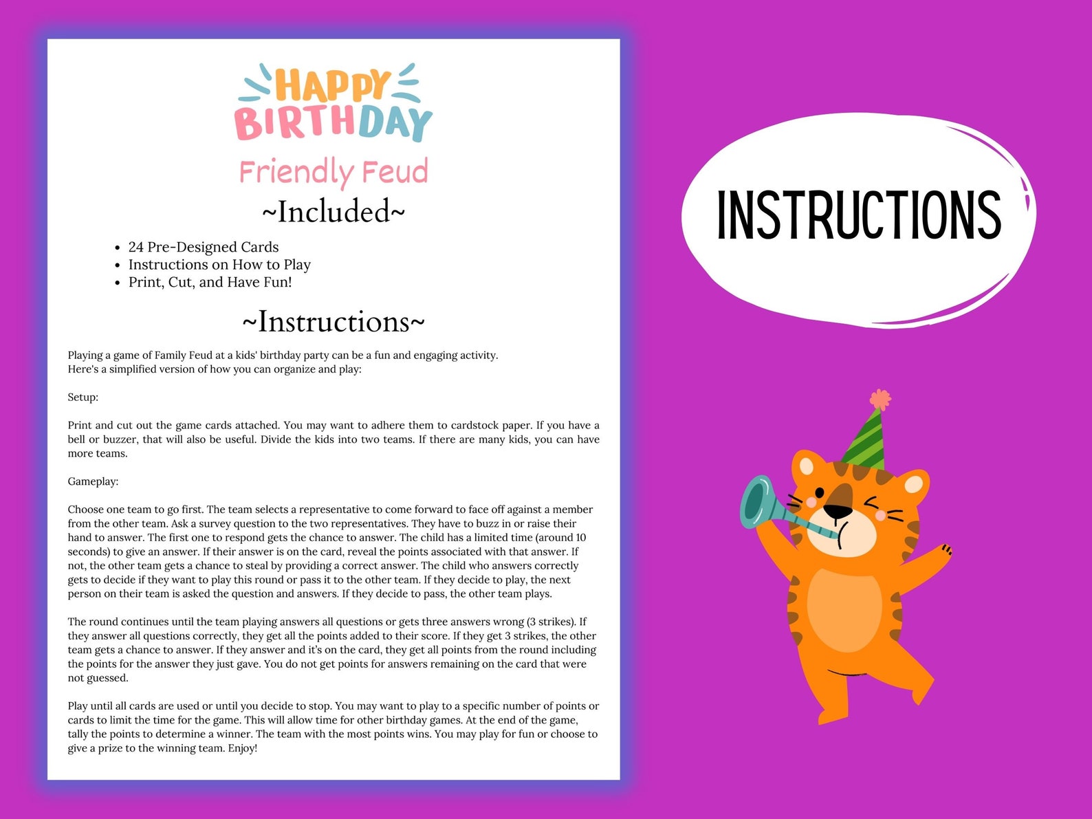 Printable Kids Birthday Friendly Feud, Instant Digital Download PDF ...