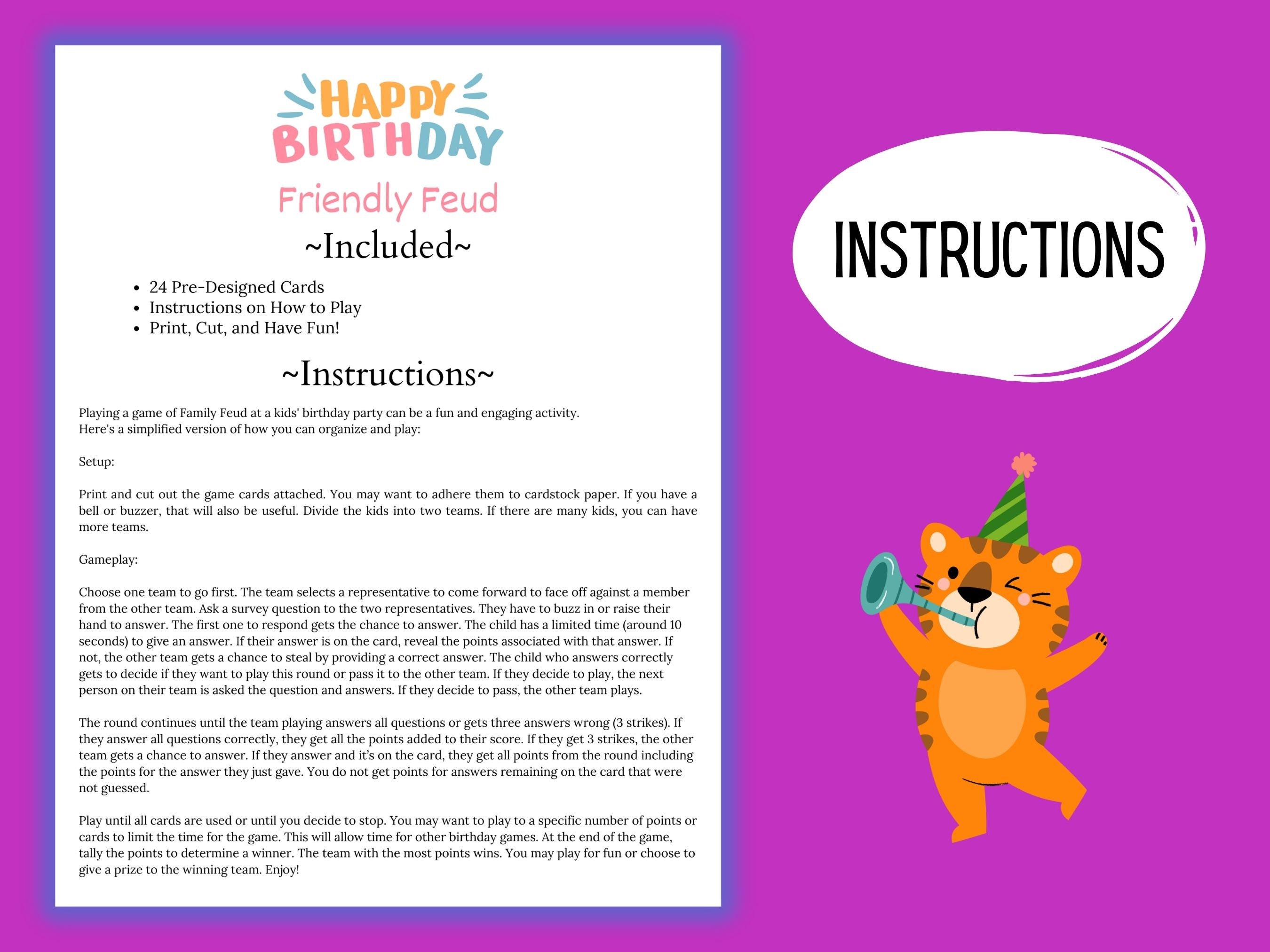 Printable Kids Birthday Friendly Feud, Instant Digital Download PDF ...